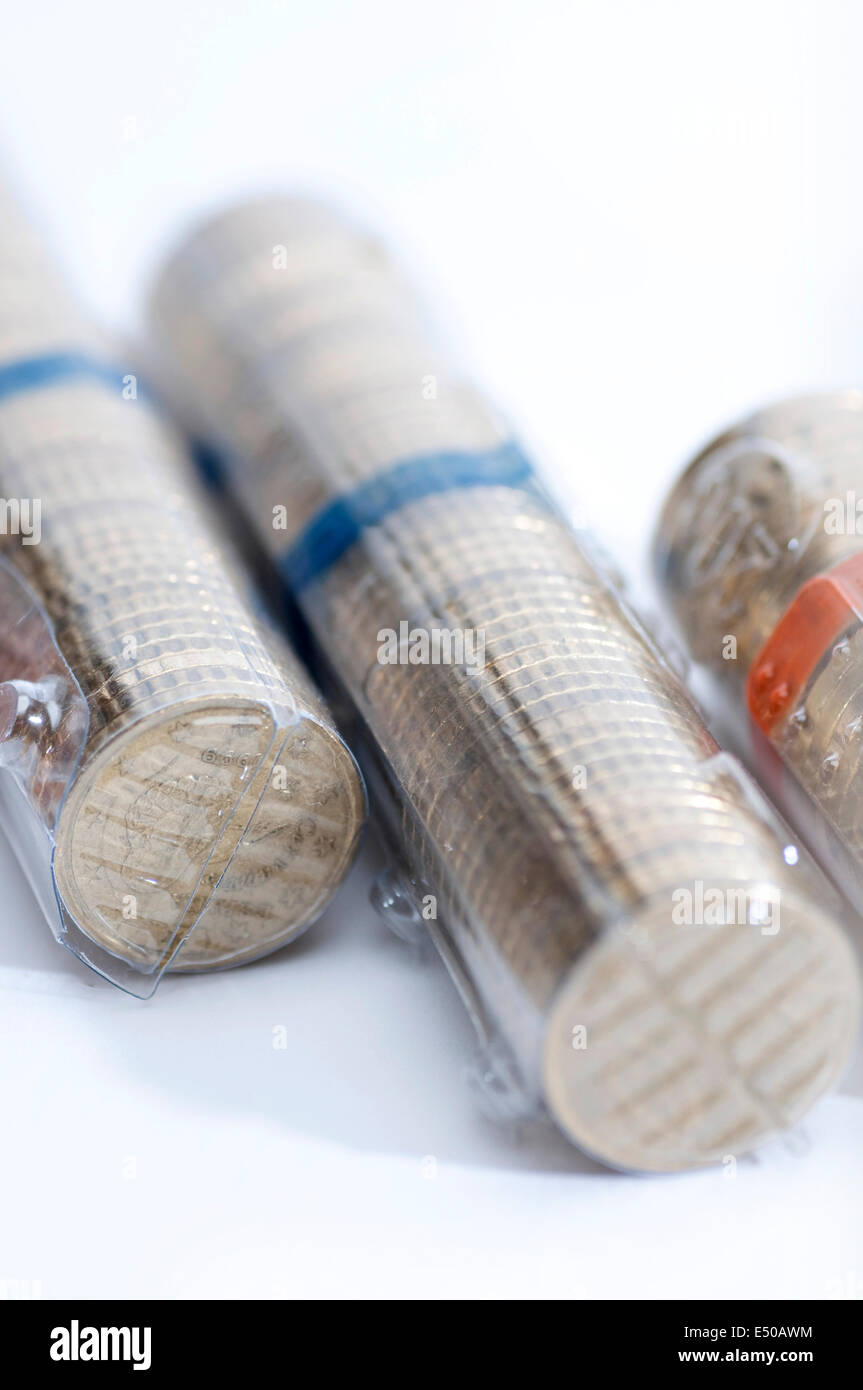 Roll of coins picture over white background. Euros Stock Photo - Alamy