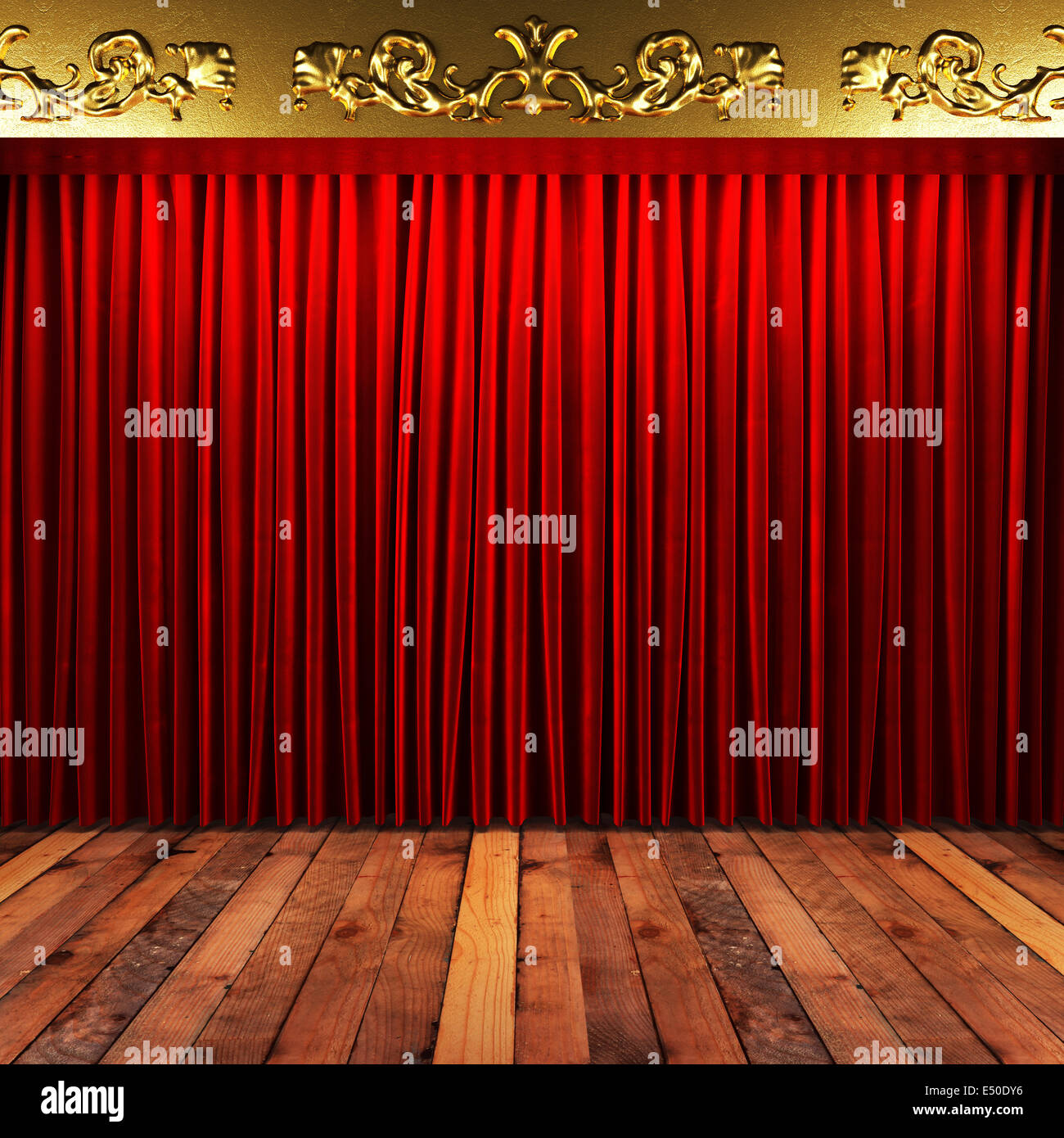 red fabric curtain with gold on stage Stock Photo - Alamy