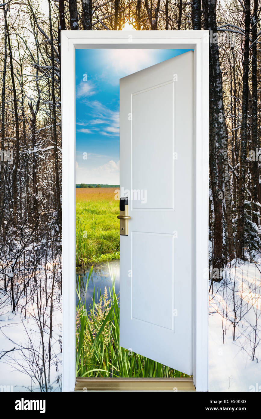 open door and a winter forest Stock Photo - Alamy