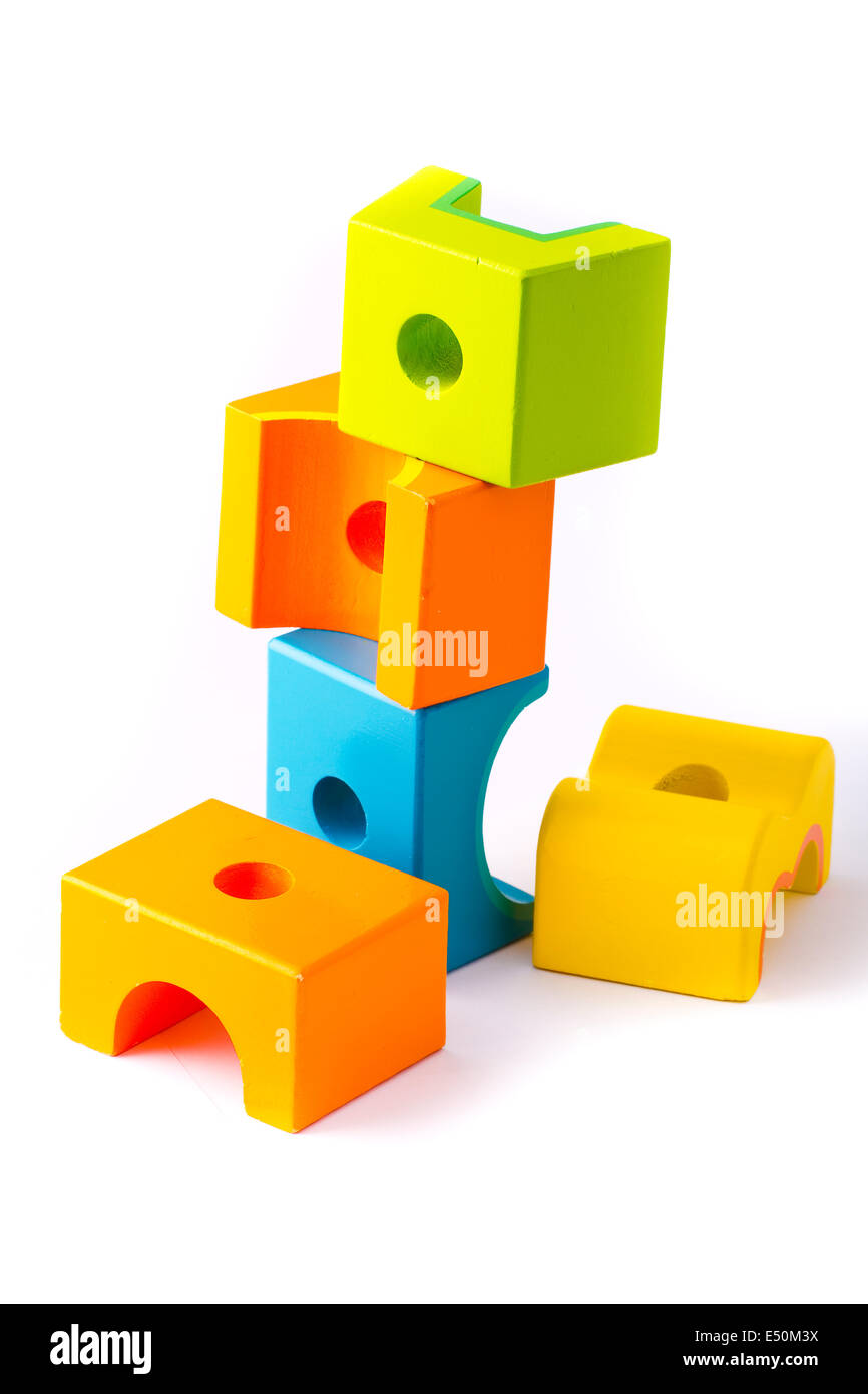 Wooden building blocks on white background Stock Photo - Alamy