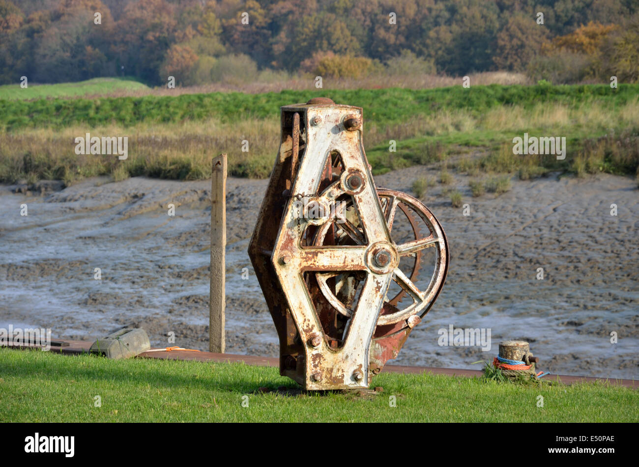 Winding gear by river Stock Photo - Alamy