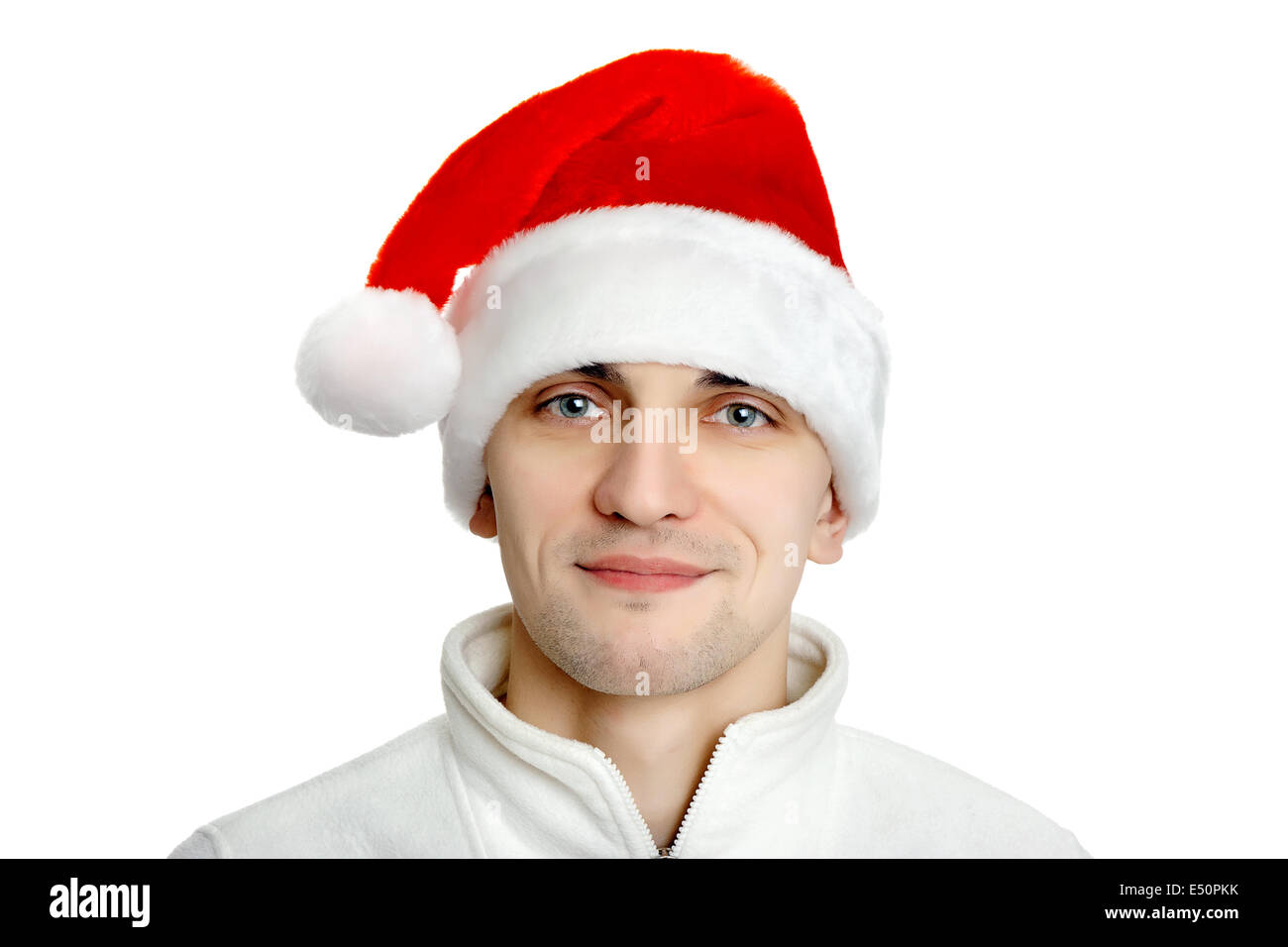 man in santa hat on white background Stock Photo - Alamy