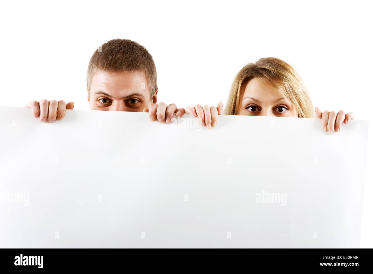 couple peeking out from behind the booth Stock Photo - Alamy