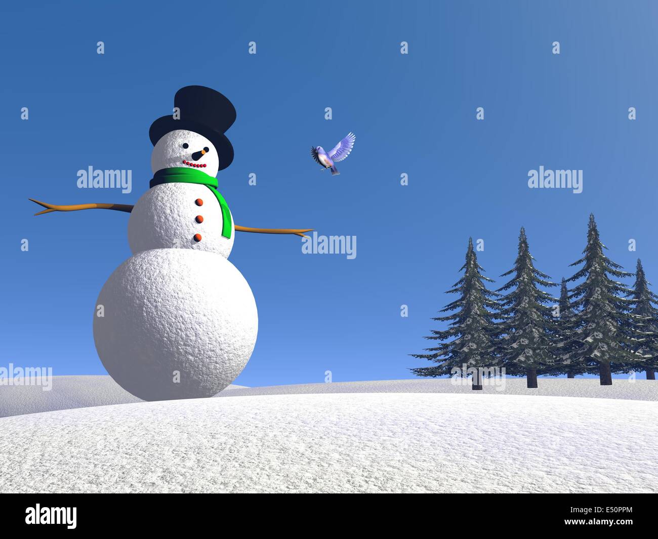 Snowman and bird - 3D render Stock Photo - Alamy
