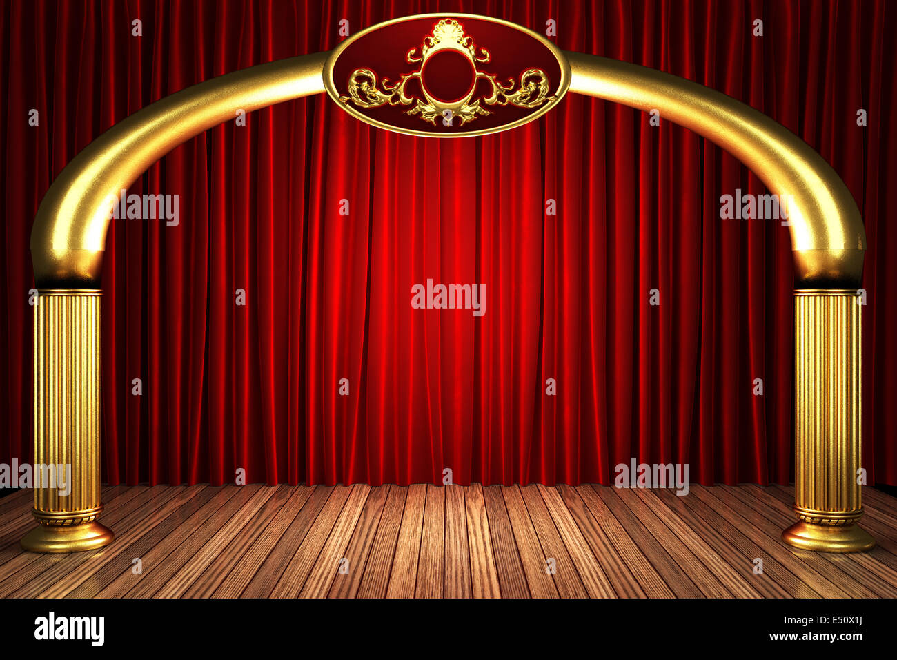 red fabric curtain on golden stage Stock Photo - Alamy