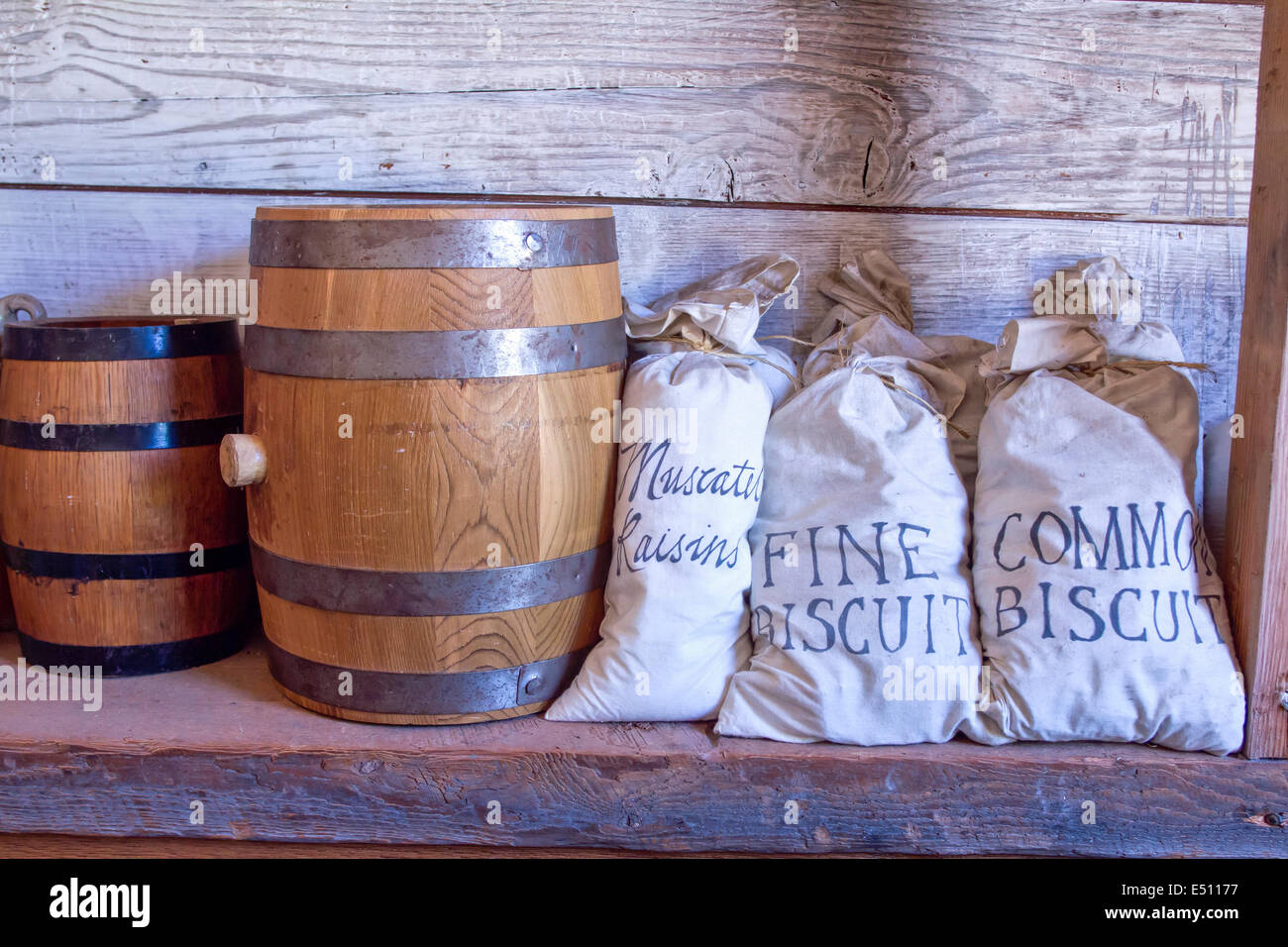 Barrels and bags of food Stock Photo - Alamy