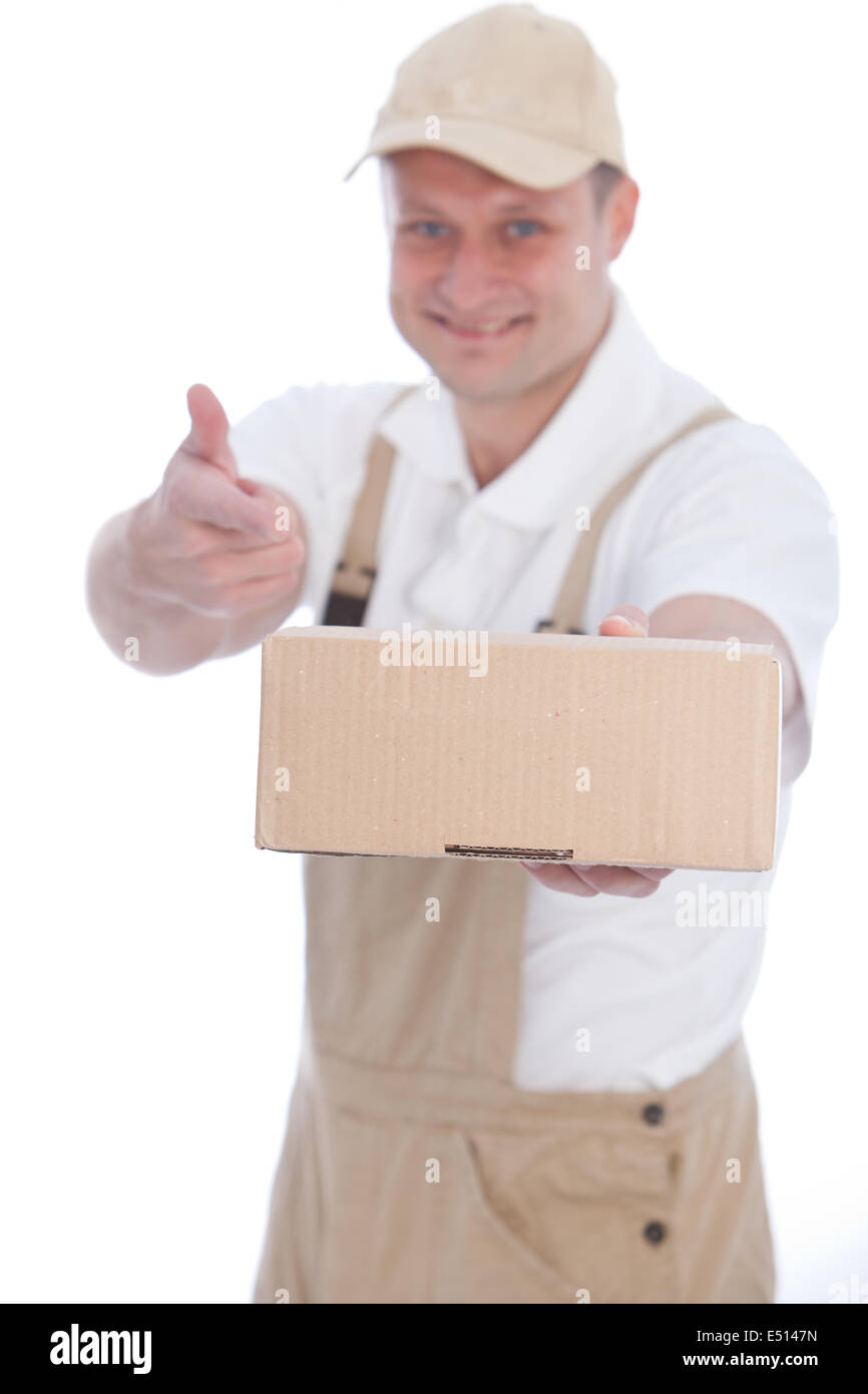 Workman pointing to a cardboard box Stock Photo - Alamy