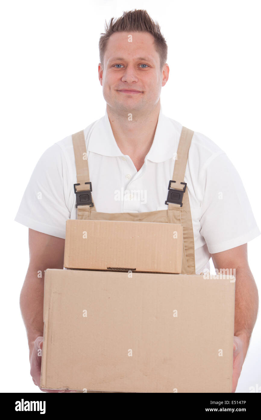 Smiling workman carrying boxes Stock Photo - Alamy