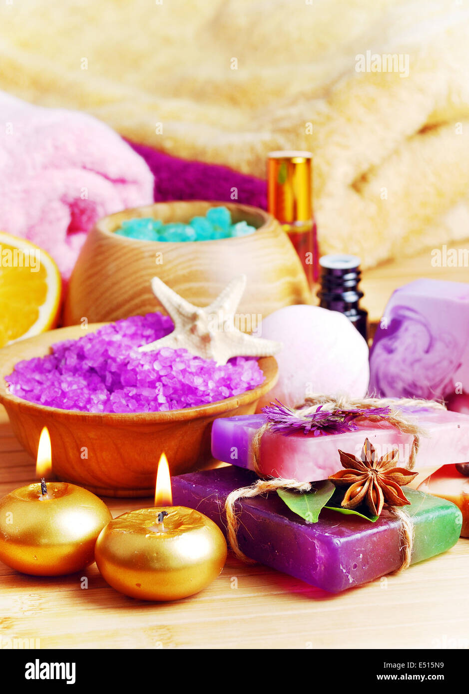 Spa setting with natural soap and sea salt Stock Photo - Alamy