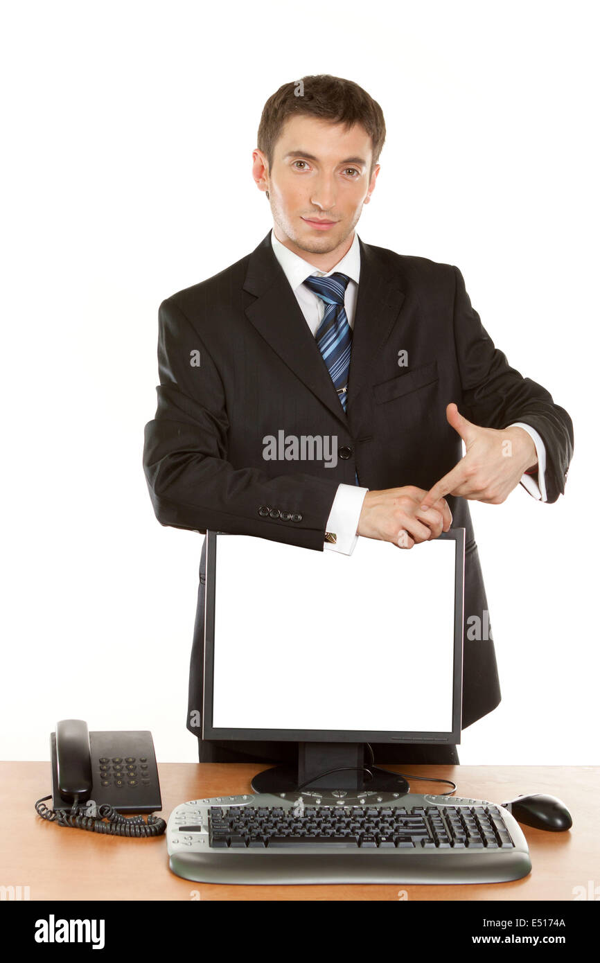 Business man holding a computer monitor Stock Photo - Alamy