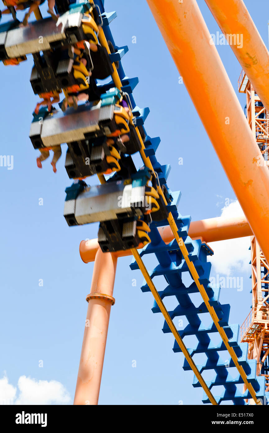 roller coaster rails against blue sunny summer sky floor view Stock ...