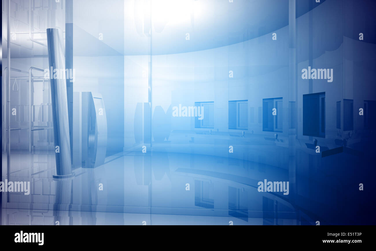 Indoor building. Office space with blue light effects Stock Photo - Alamy