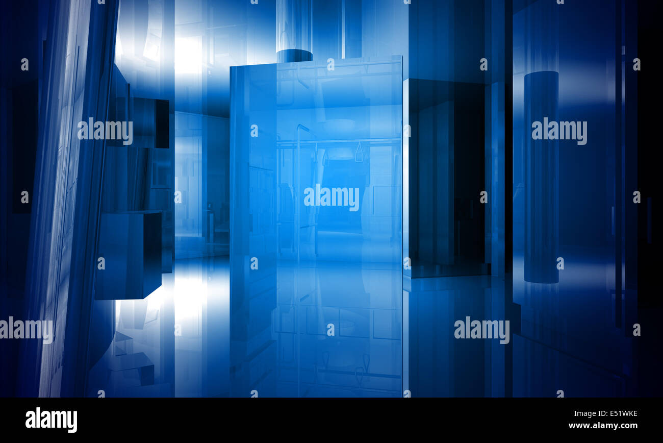 Indoor building. Office space with blue light effects Stock Photo - Alamy