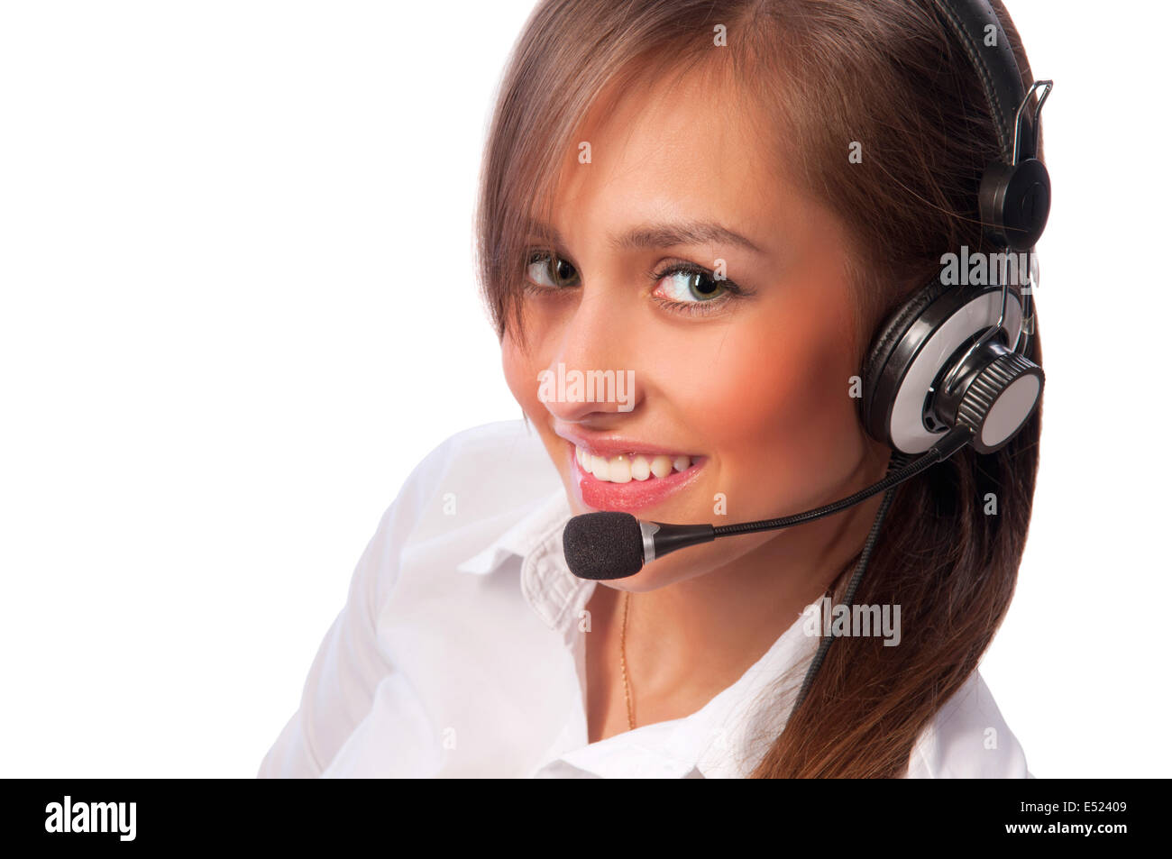 beautiful woman with headset smiling Stock Photo - Alamy