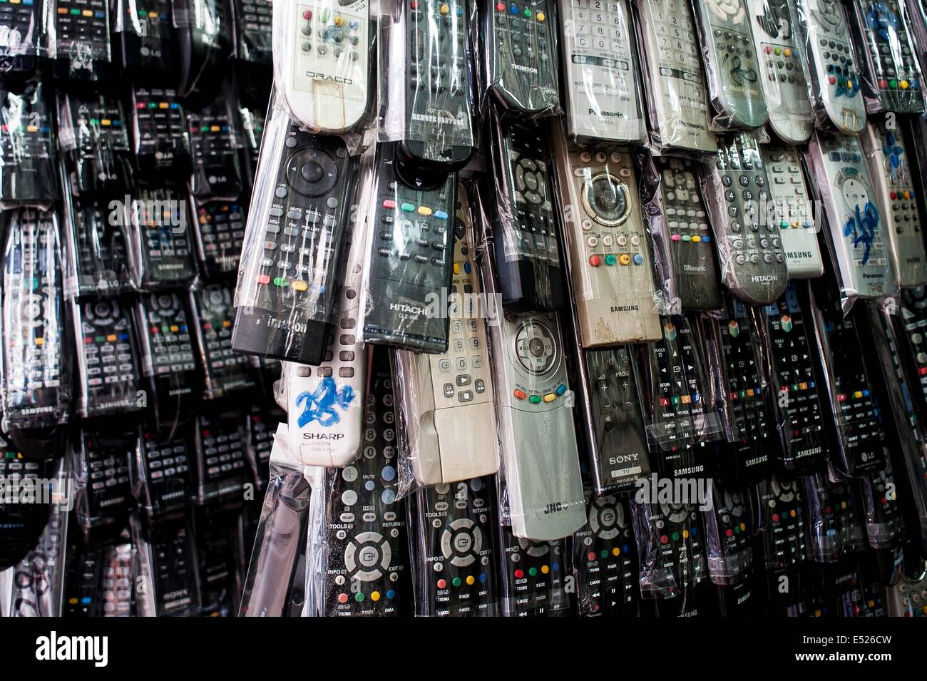 Remote controls hang in a booth at Mongkok Market in Hong Kong Stock ...