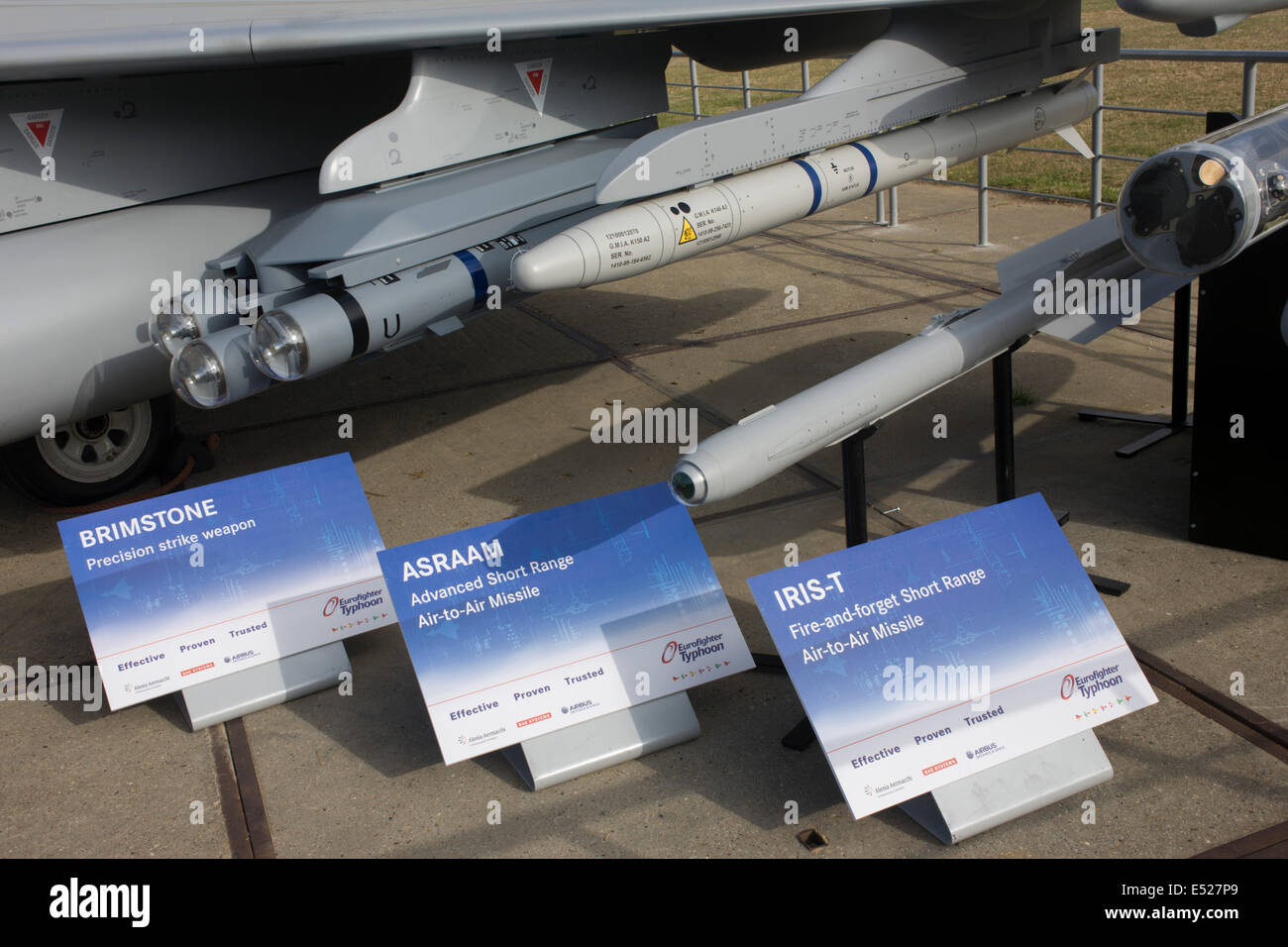 BAE Systems Typhoon jet fighter, exhibited with missile and smart bomb ...
