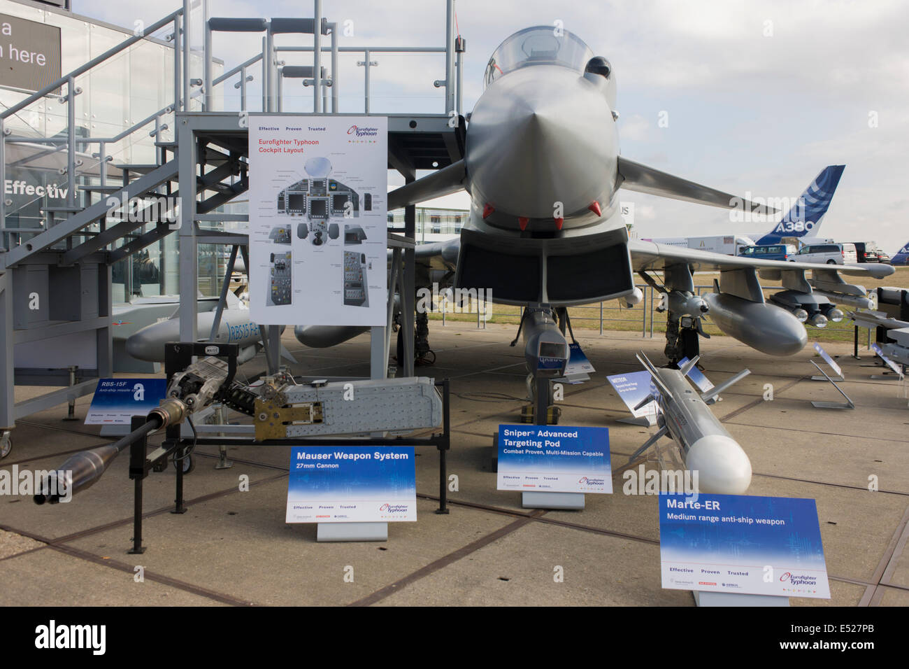 BAE Systems Typhoon jet fighter, exhibited with missile and smart bomb ...