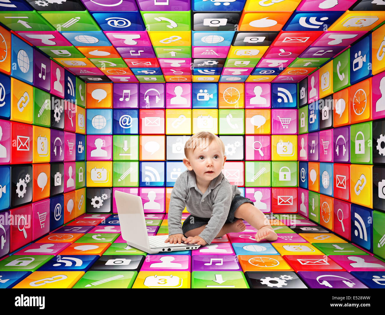 child portrait and 3d smart icons cubes Stock Photo - Alamy