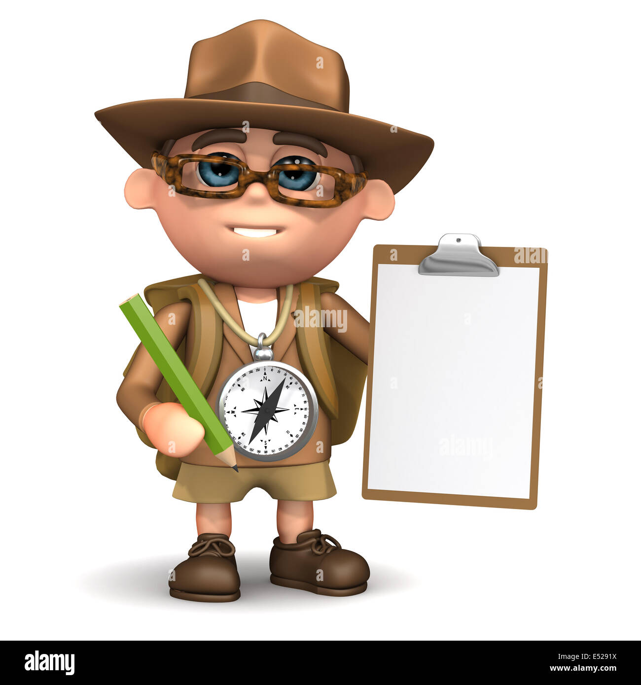 3d render of an explorer character with clipboard and pencil Stock ...