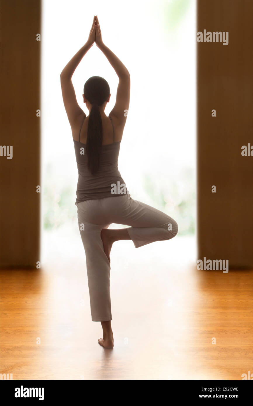 Rear view of young woman doing tree pose on hardwood floor Stock Photo ...