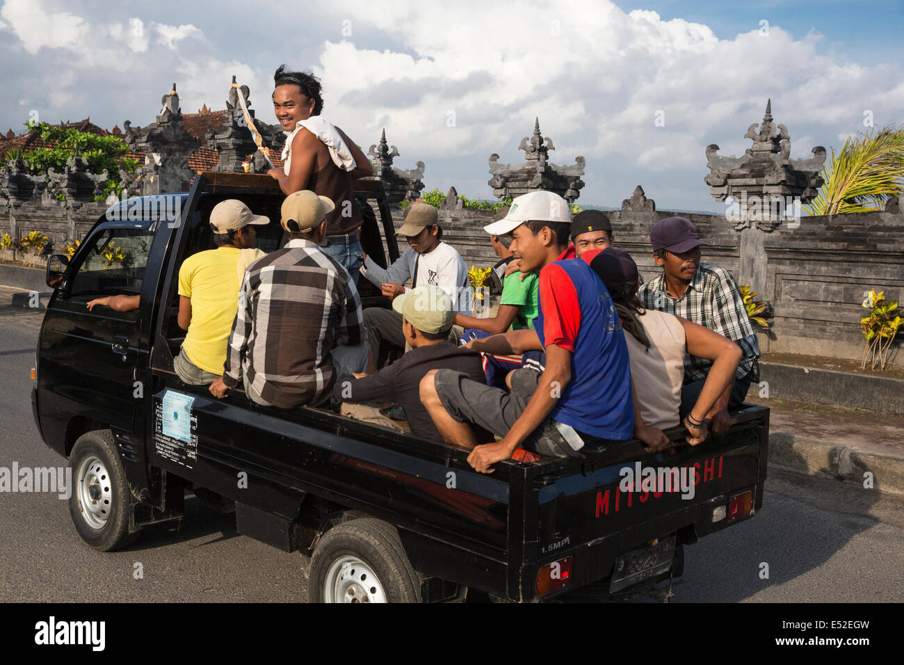 Bali, Indonesia. Road Safety. Men Riding in an Open Pick-up Truck, no ...