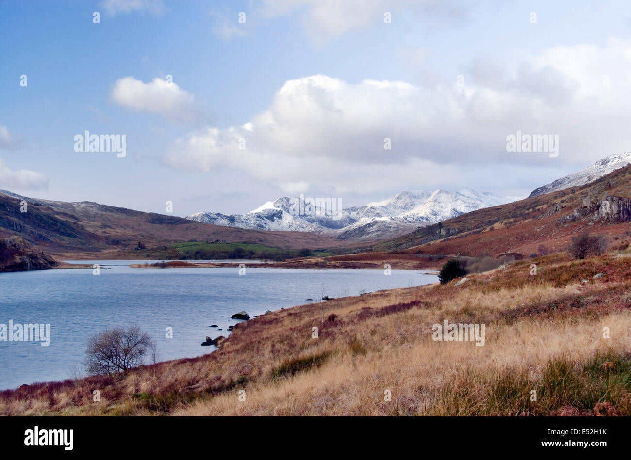 Looking across Capel Curig lake to Mount Snowdon early on a winter ...