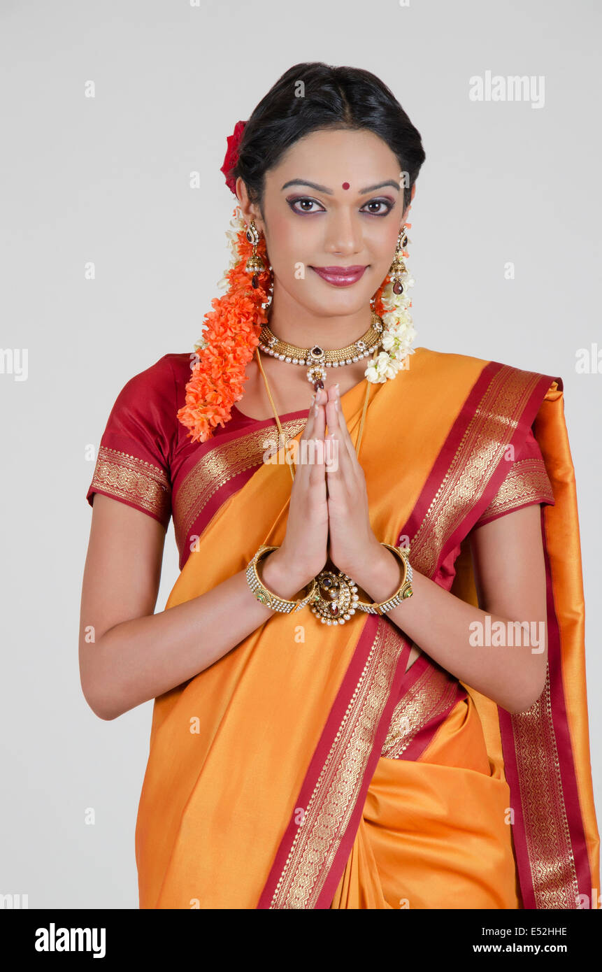 Portrait of South Indian woman greeting Stock Photo - Alamy