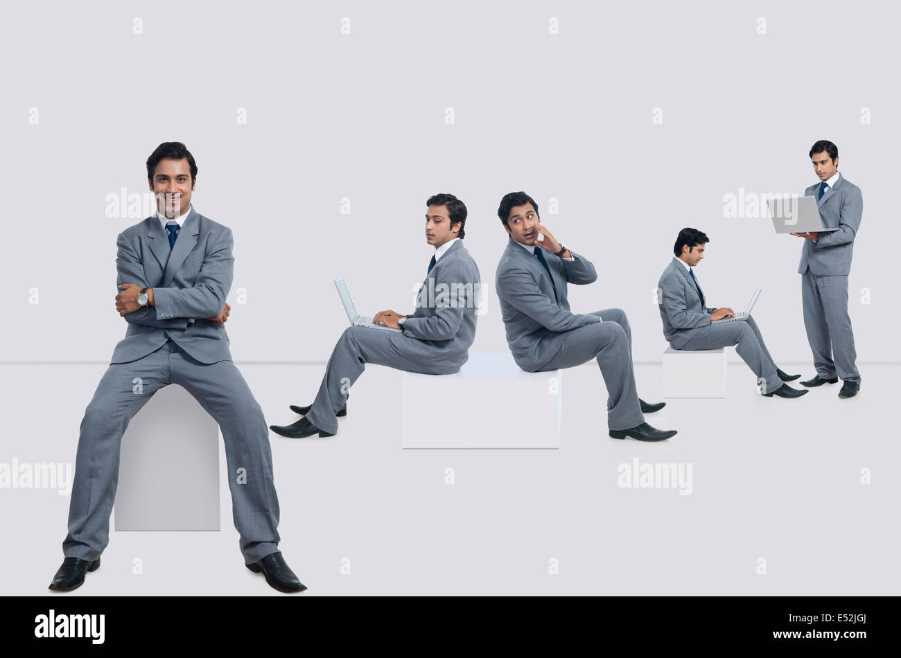 Multiple image of businessman performing various tasks against white ...