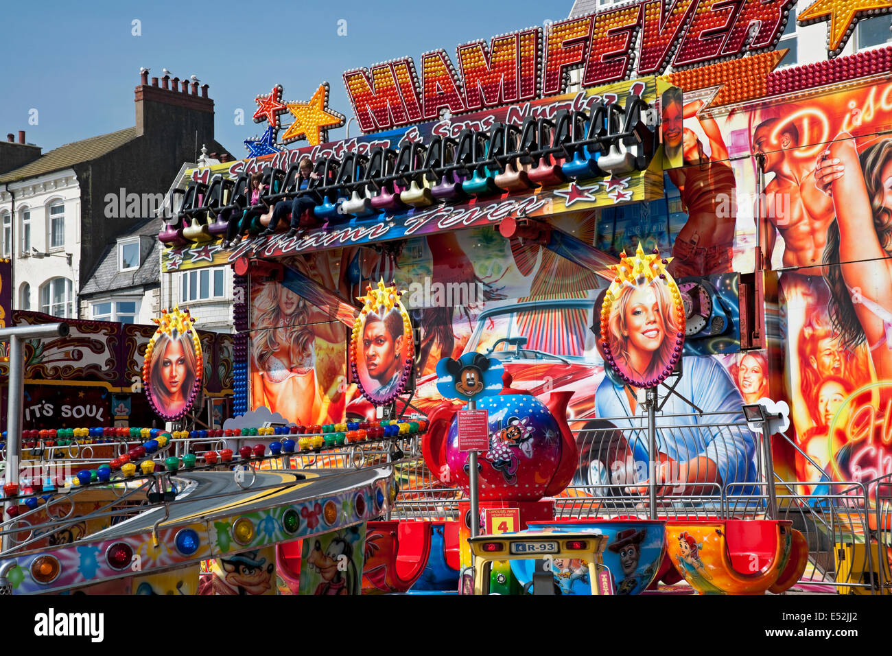 Colourful Fairground funfair rides in summer Bridlington seafront East ...