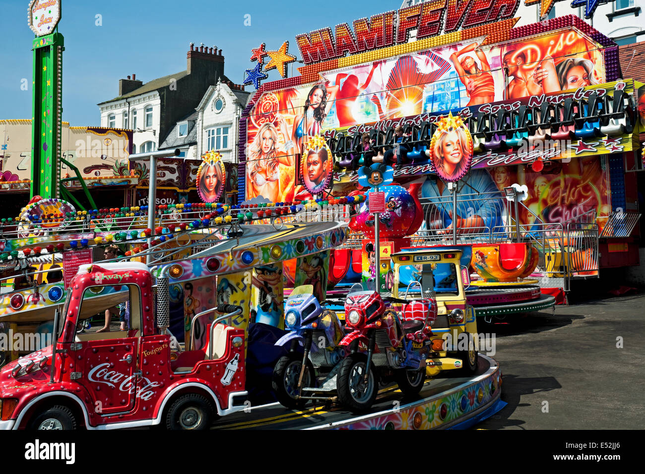 Colourful Fairground funfair rides in summer Bridlington seafront East ...
