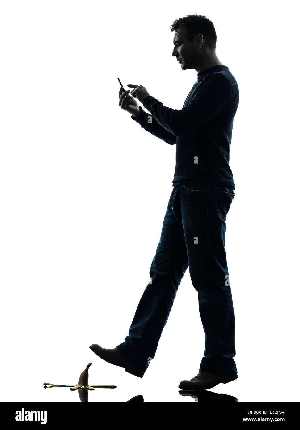 one man careless man walking on the telephone in silhouette studio on ...