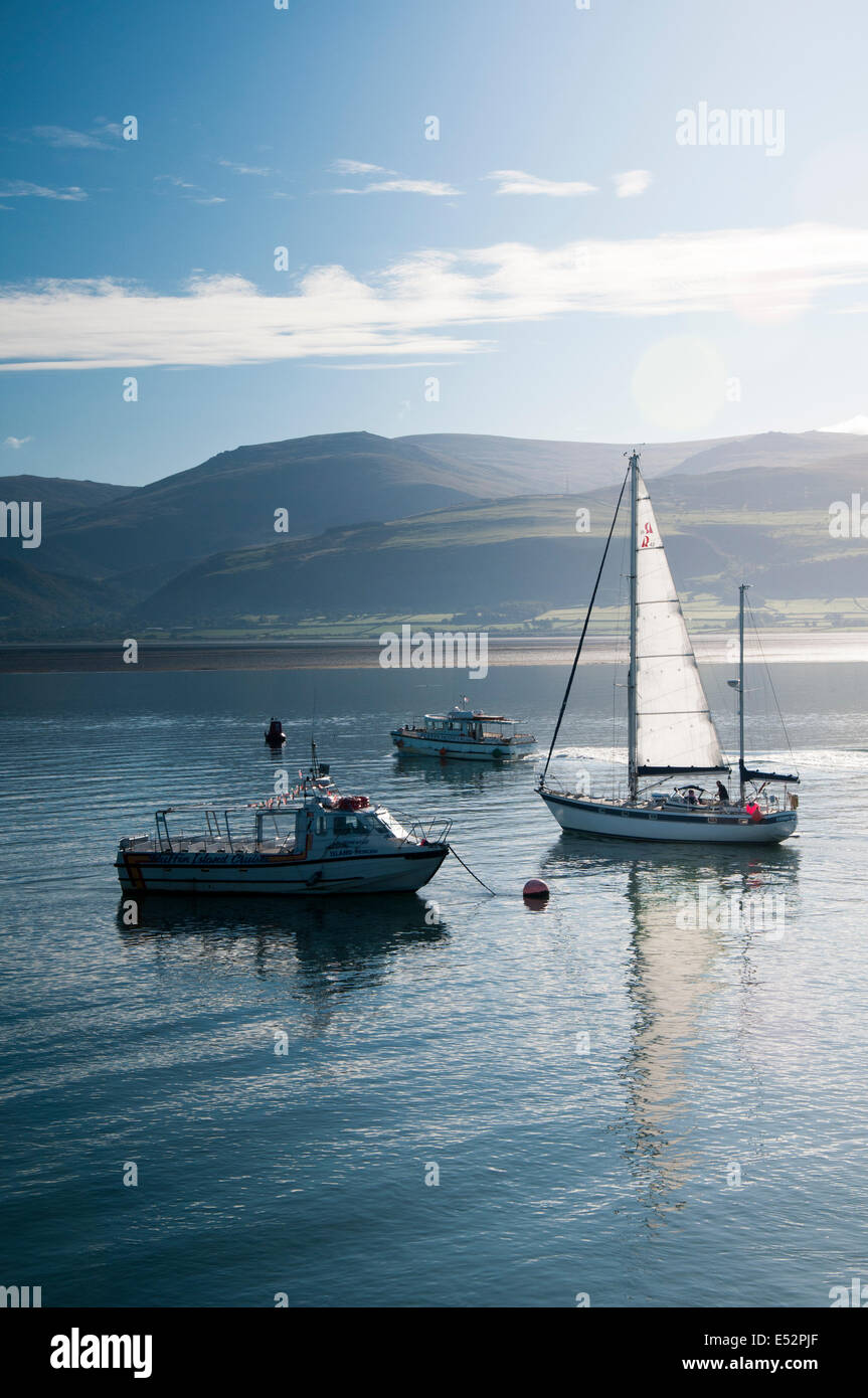 View of the sea and sailboats from Beaumaris Pier, Anglesey Wales UK ...