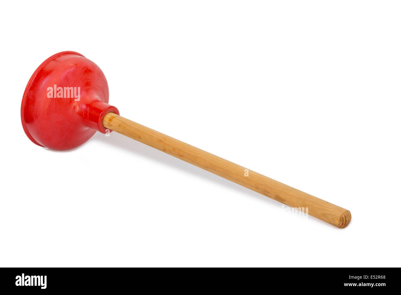 Red rubber plunger with wooden handle isolated on white background with ...
