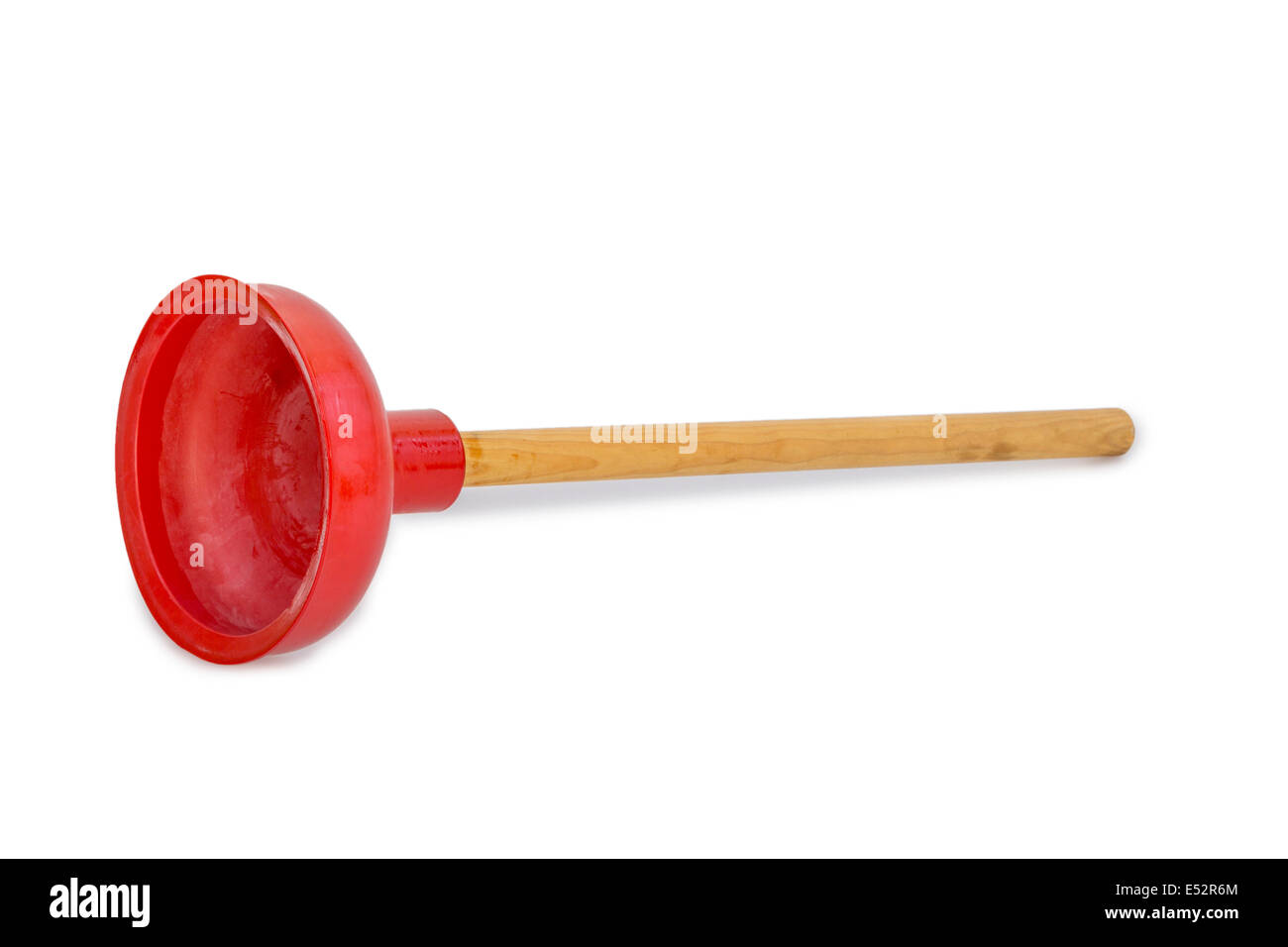 Red rubber plunger with wooden handle isolated on white background with ...