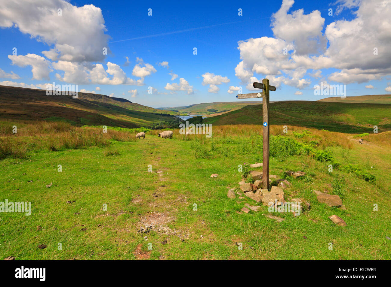 Trans Pennine Trail waymarker and distant Woodhead Reservoir in ...