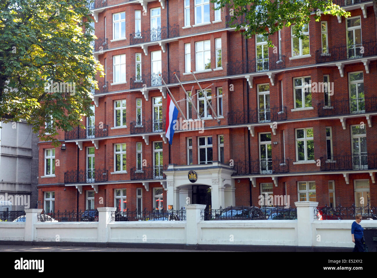 London, UK. 18 July, 2014. Flag flies at half-mast at Dutch Embassy ...