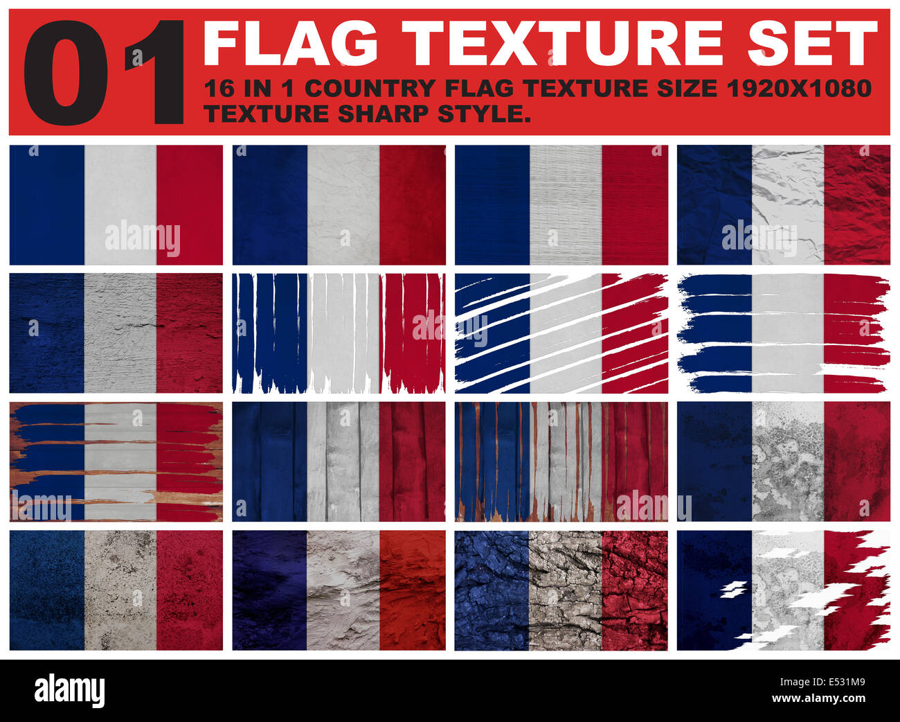 France Flag texture set resolution 1920x1080 pixel 16 in 1 Stock Photo ...
