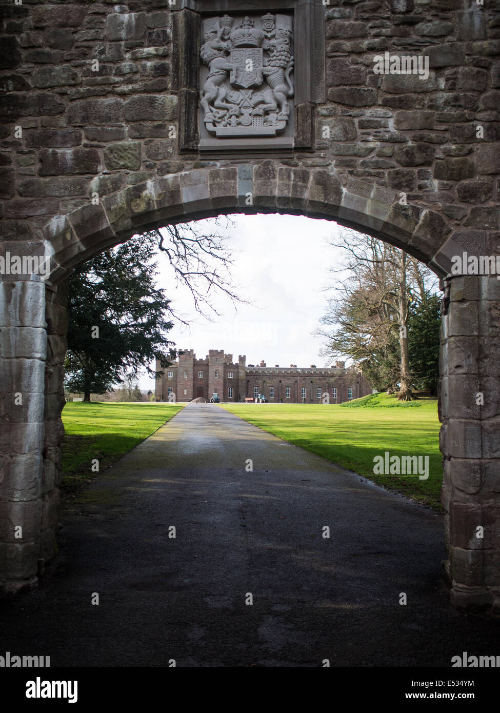 Scone Palace seen under a blazoned arch Stock Photo - Alamy