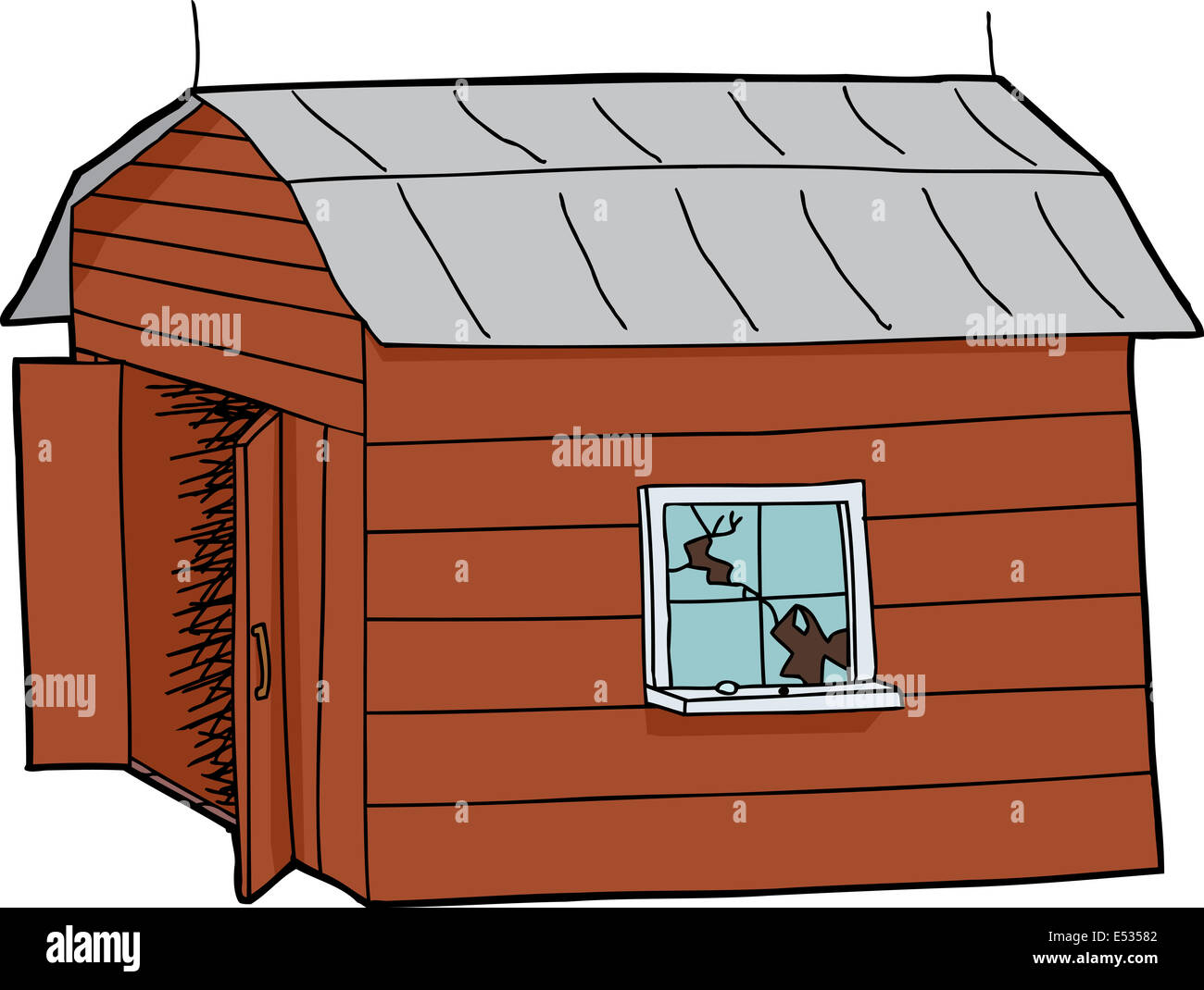 Isolated cartoon wooden barn with broken window Stock Photo - Alamy