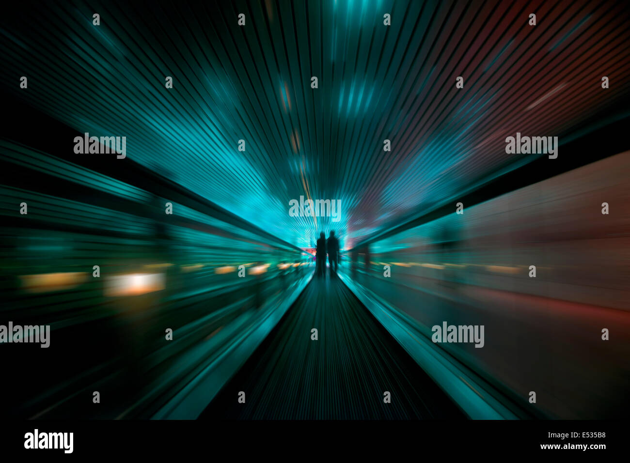 Abstract speed motion in green and red lights tunnel, fast moving ...