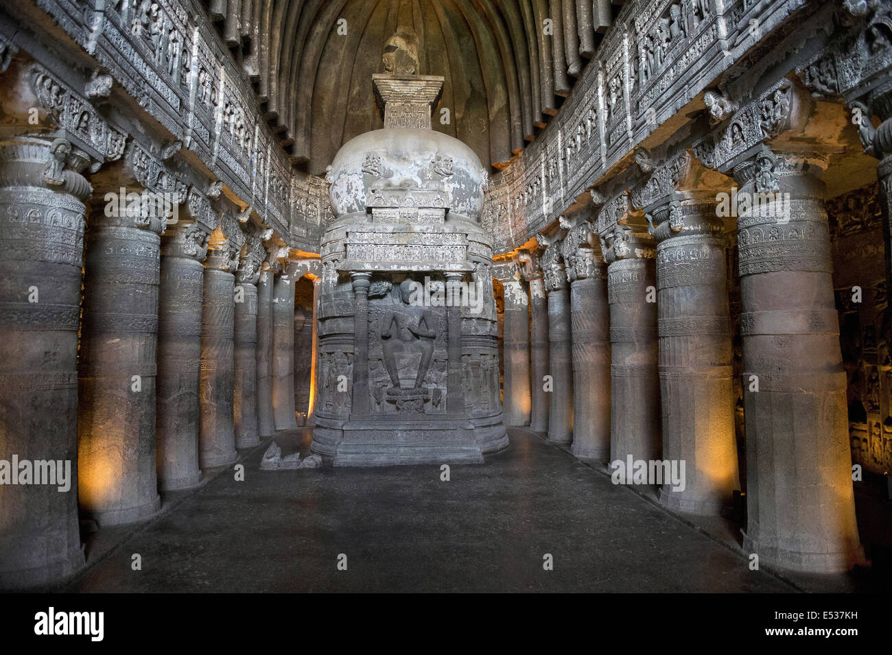 Cave 26: Stupa with Buddha seated on a lion throne with his feet ...