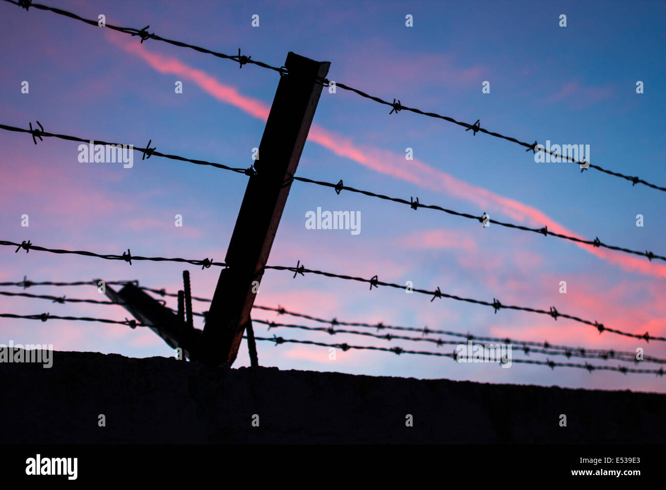Barbed wire pink blu sky Stock Photo - Alamy
