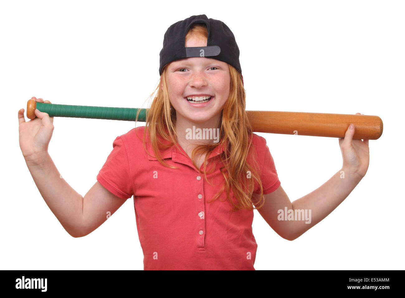 Happy red haired baseball girl on white background Stock Photo - Alamy