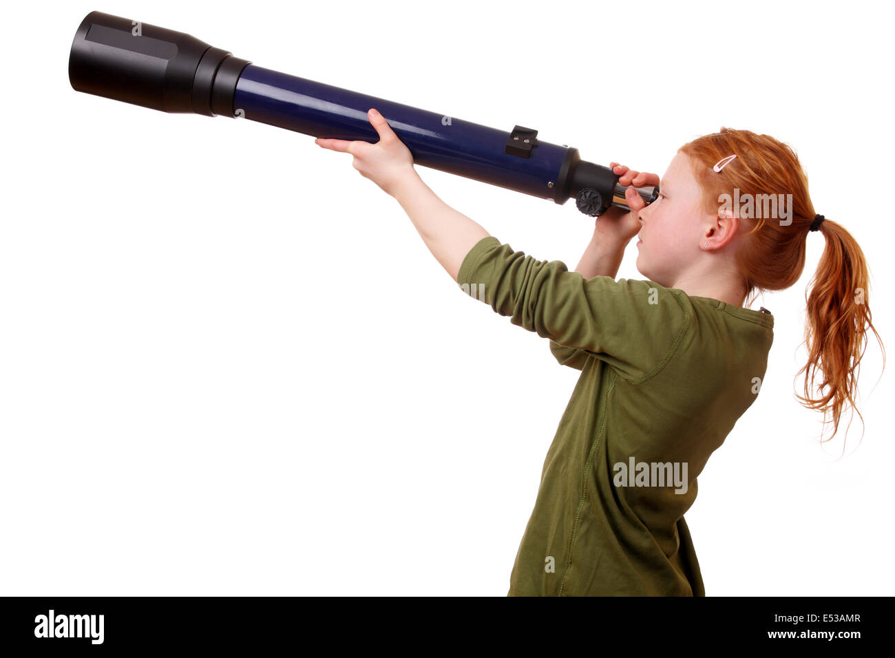 Young girl looks through a telescope on white background Stock Photo ...