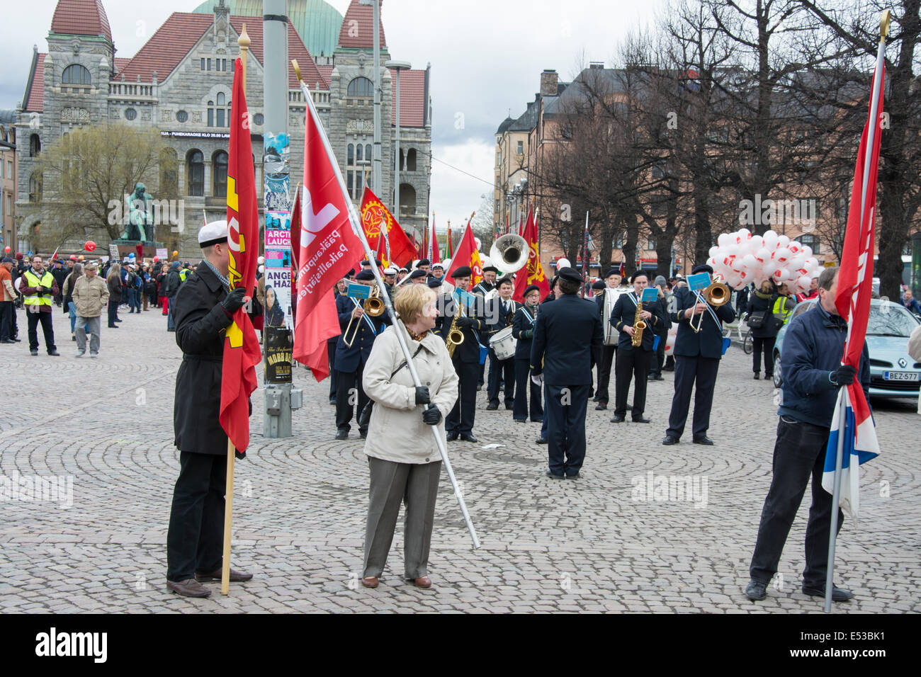 Red flags at May Day Celebration at Railway Square in Helsinki Stock ...