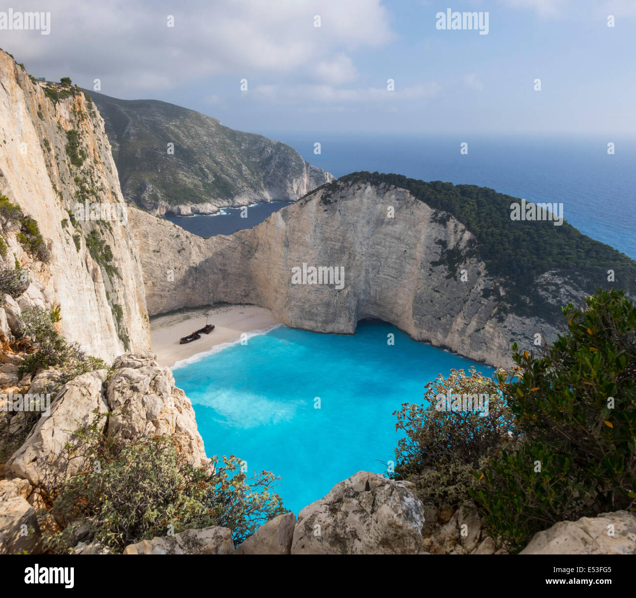 Zante, Greece - dramatic limestone cliffs provide a view of the Navagio ...