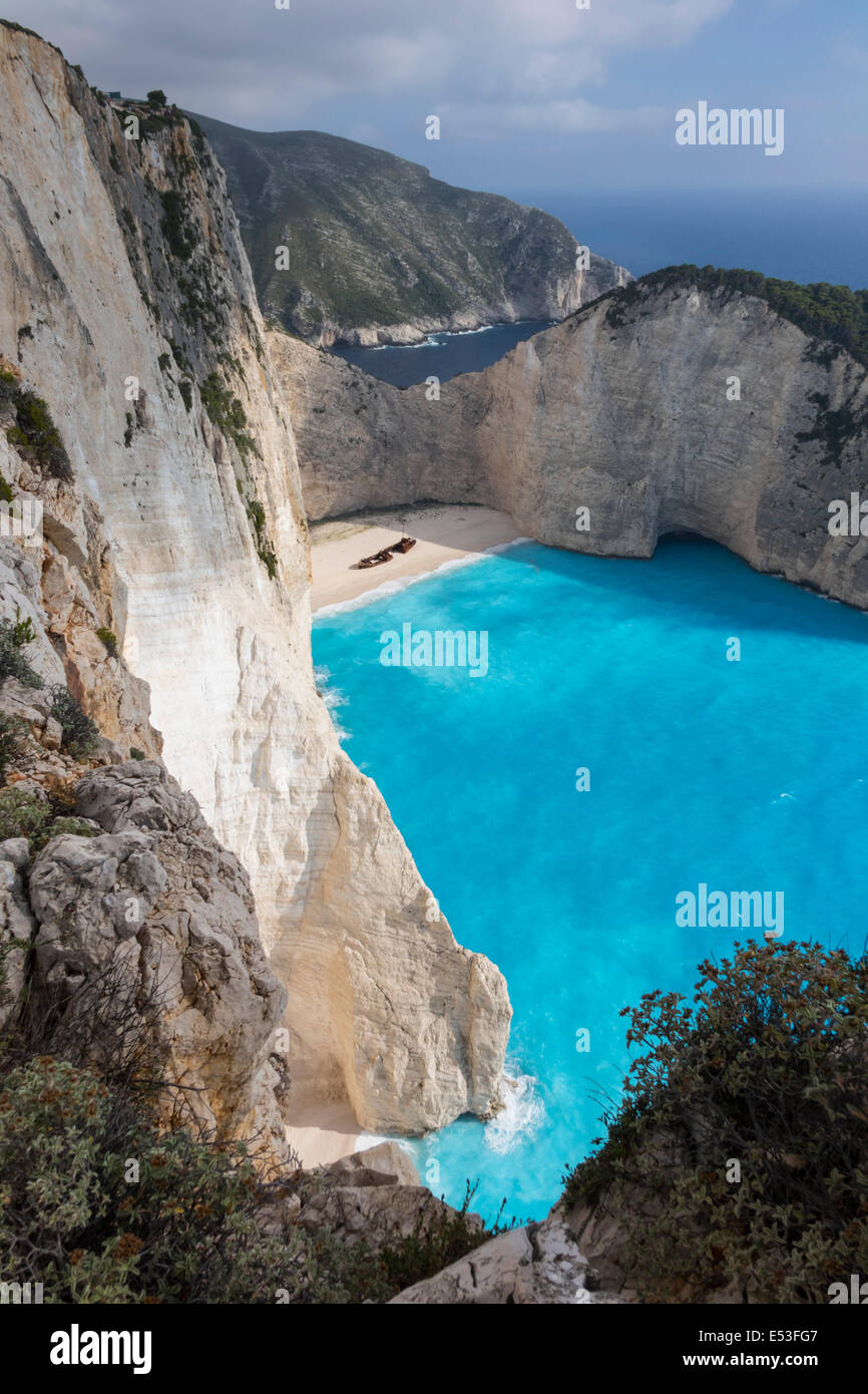 Zante, Greece - dramatic limestone cliffs provide a view of the Navagio ...