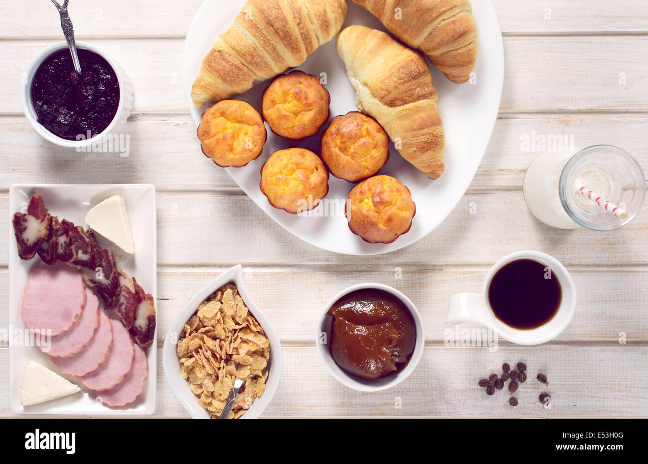 Breakfast concept from above on the wooden table Stock Photo - Alamy