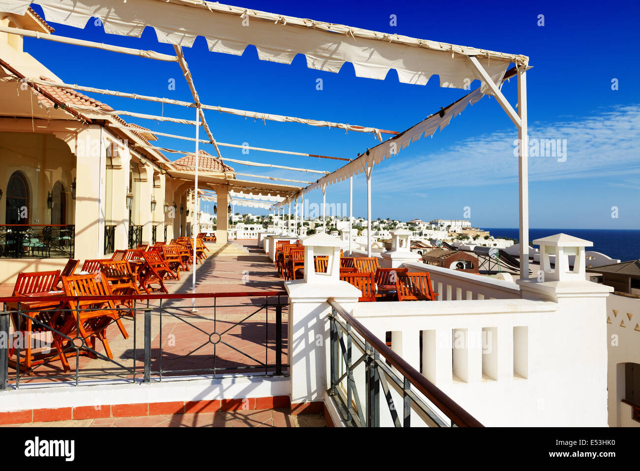 The sea view outdoor terrace of restaurant at luxury hotel, Sharm el ...