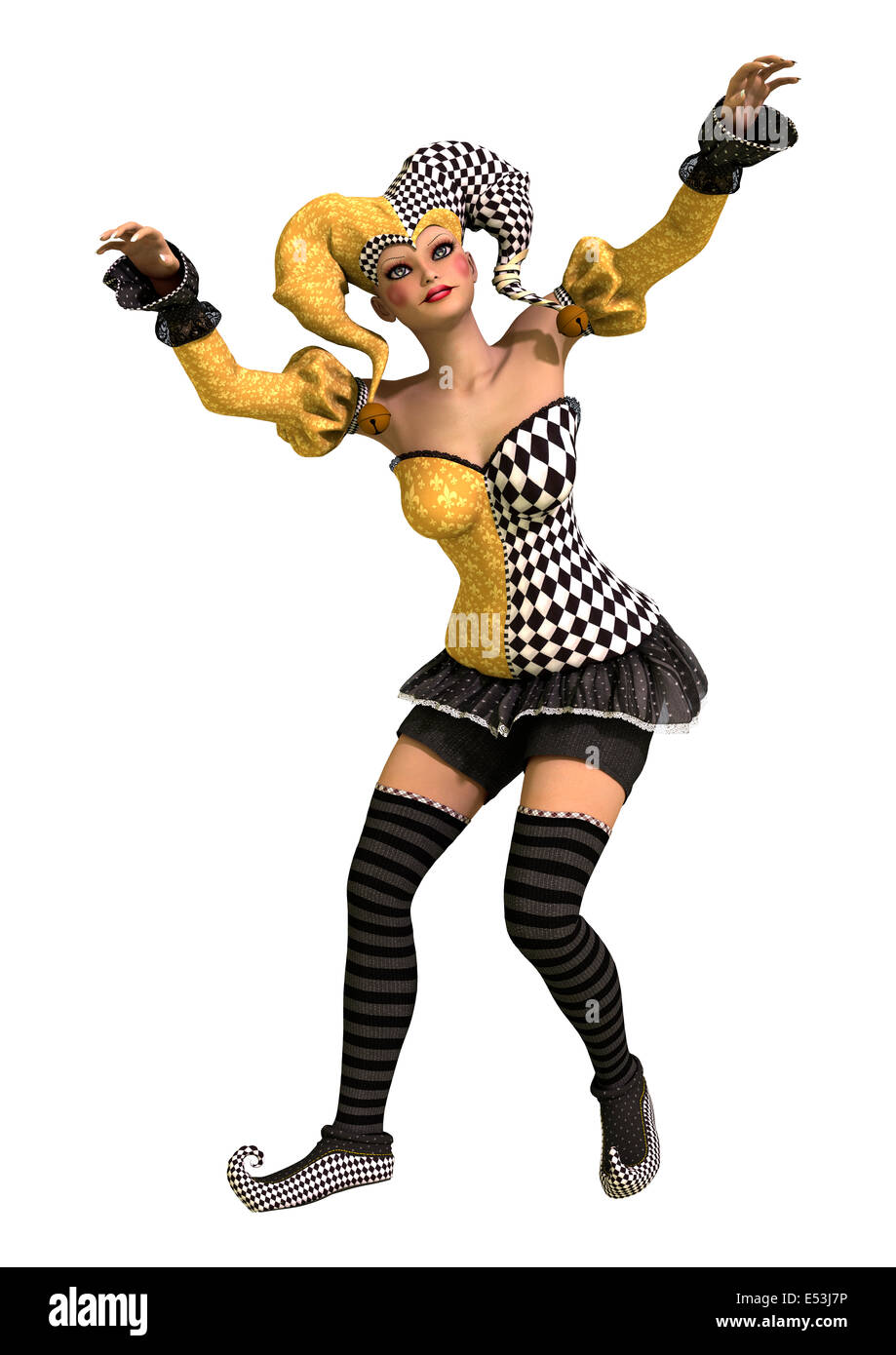 3D digital render of a female jester performer isolated on white ...